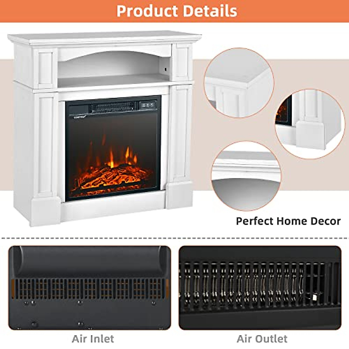 COSTWAY 32-inch Electric Fireplace with Mantel, Adjustable Freestanding Heater with Remote Control, Shelf, 3D Flame Brightness, Overheat Protection, Mantel Fireplace for Living Room, 1400W (White)