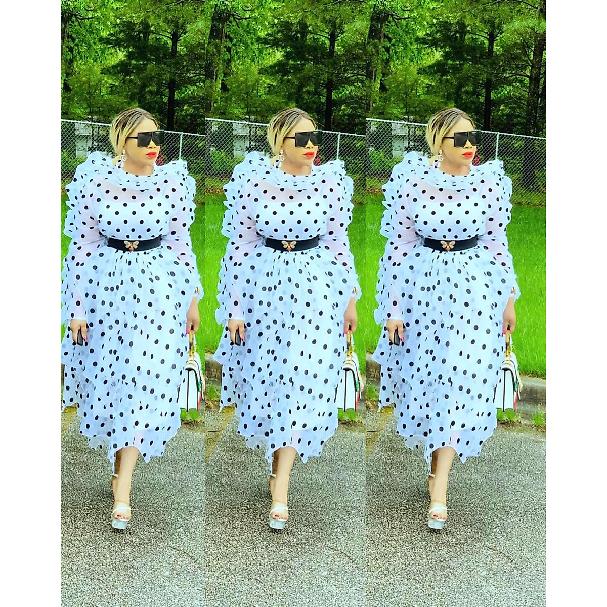 AOMEI Women's Polka Dot 2 Piece Sets Dress Transparent Ruffle Top Blouses Tulle Midi Puffy Skirt