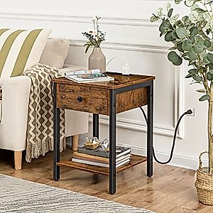 HOOBRO Nightstand, End Table with Charging Station and USB Ports, Side Table with Drawer and Storage Shelf, Bedside Table for Small Spaces and Bedroom, Rustic Brown BF401BZ01