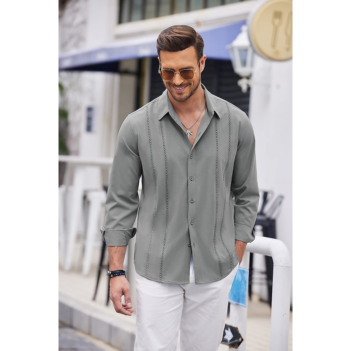 COOFANDY Men's Cuban Guayabera Shirts Casual Long Sleeve Button Down Shirt Summer Beach Tops Grey