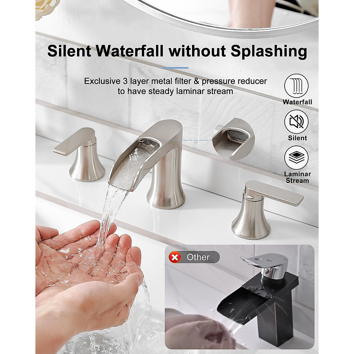 HOIGY Brushed Nickel Widespread Bathroom Faucet, 2 Handles Waterfall Faucet, Bathroom Faucets for Sink 3 Hole, 8 Inch Solid Brass Bathroom Sink Faucets for Vanity Lavatory Restroom with Pop Up Drain