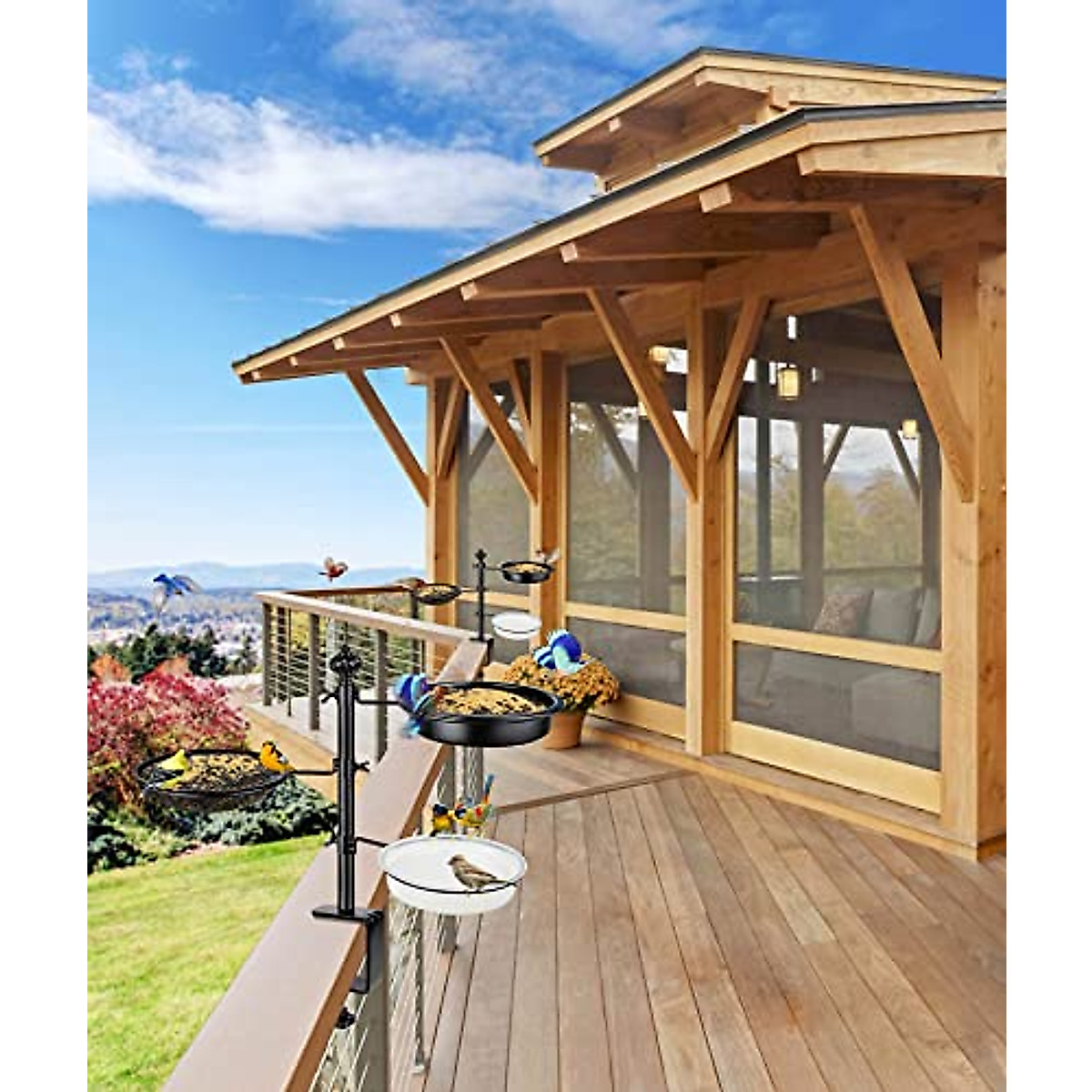 BOLITE Deck Bird Feeder for Railing, Balcony Bird Feeders for Outside, Three Trays, Enhanced Version, Black