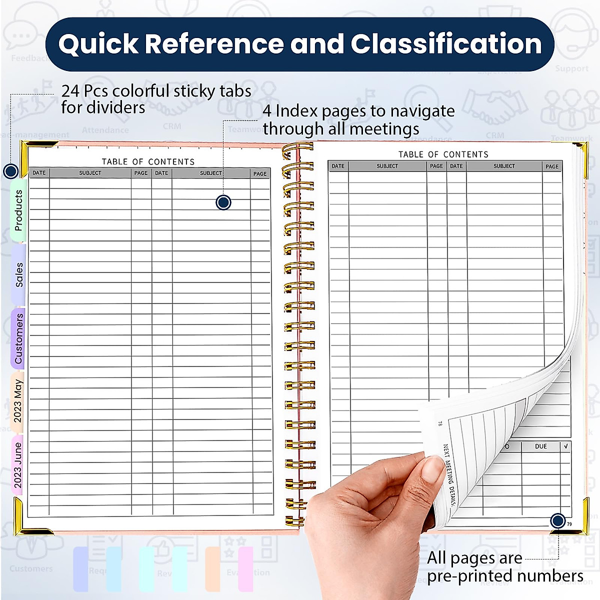 Meeting Notebook, 240 Page Hardcover Leather Notebooks for Work, Professional B5 Notebook with Action Items, 24 PCS Sticky Tabs for Organizer Notebook, Project Planner Notebook for Women Men, Black