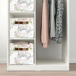 Elephant Pink Floral Personalized Storage Bins Basket Cubic Organizer with Durable Handle for Shelves Wardrobe Nursery Toy 2 Pack