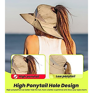 Sun Hat with High Ponytail Hole for Women, Womens UV Protection Wide Brim Foldable Waterproof Beach Bucket Safari Fishing Hat Khaki