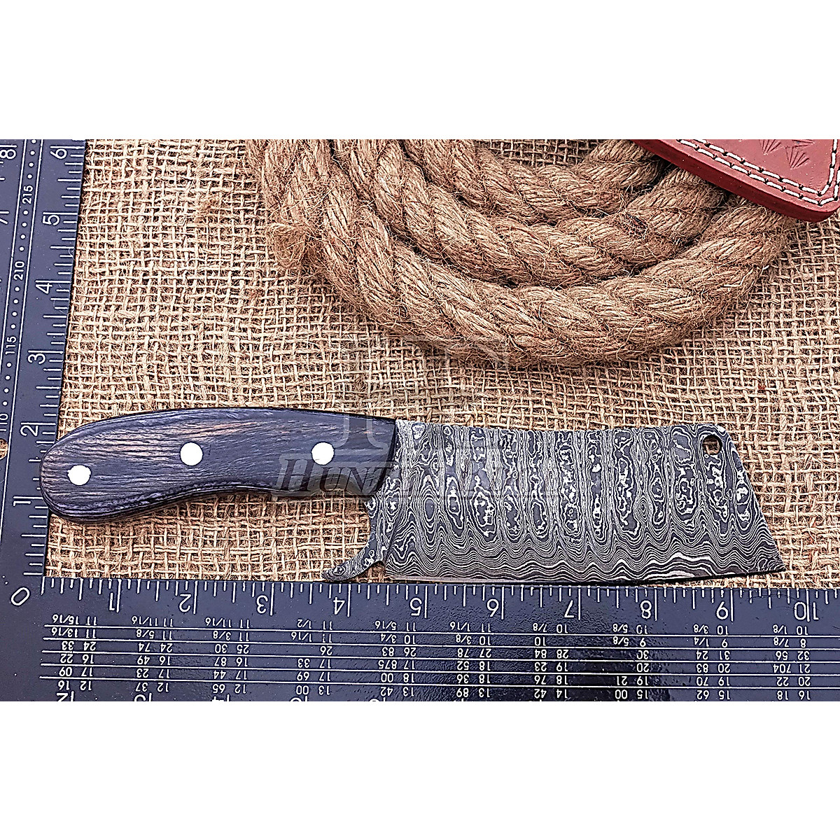 HUNTEX Handmade Hand-Forged Ladder Pattern Damascus Steel 9.5 Inch Long Full Tang Pakka Wood Handle Razor Sharp Hunting Camping Cleaver Knife w/Genuine Leather Sheath