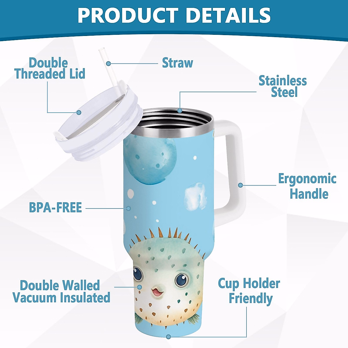 40 oz Cute Pufferfish Insulated Tumbler with Handle, Stainless Steel Vacuum Water Bottles with Lid and Straw for Water, Iced Tea or Coffee