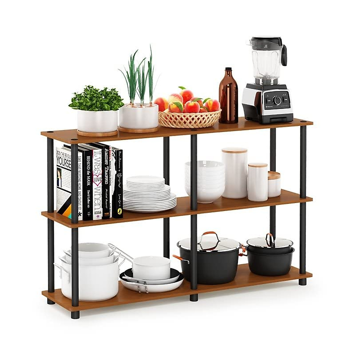 Furinno 99634LC/BK Turn-N-Tube 3-Tier Double Size Storage Display Rack, Light Cherry/Black