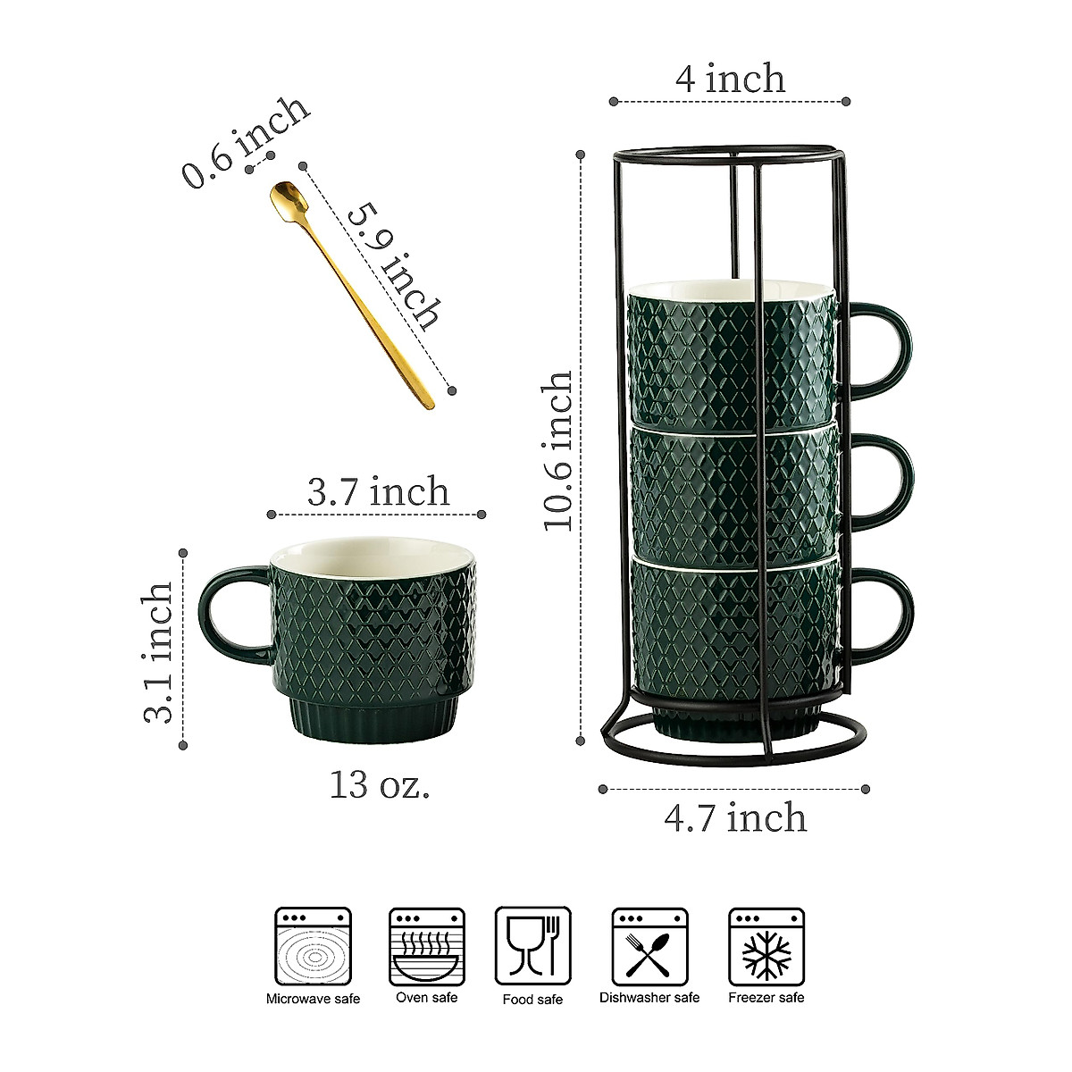 LYEOBOH Coffee Mug Set Porcelain Stackable Coffee Mugs with Stand and Spoons, 13 OZ. Cappuccino Cup Demitasse Cups for Drinks, Espresso, Latte,Set of 4, Dark Green
