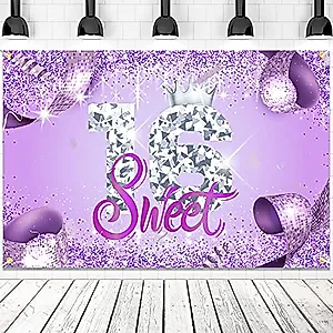Happy 16th Birthday Banner Backdrop Sweet 16 Years Old Queen Purple Background Bday Decorations for Girls Women Photography Party Supplies Glitter