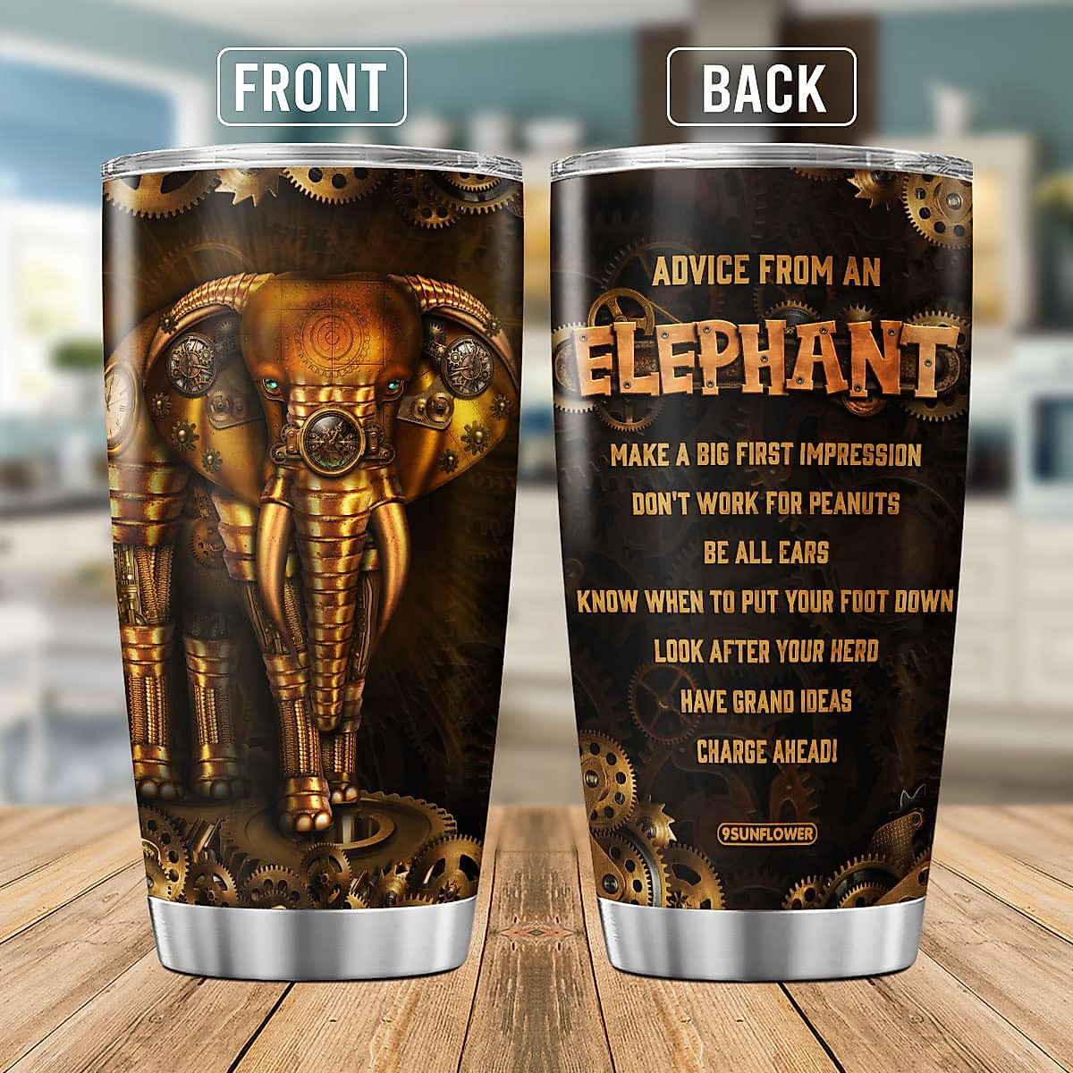 9SUNFLOWER Elephant Mechanic Style Coffee Tumbler Birthday Gifts For Girls Women Steampunk Travel Mug With Lid 20oz Insulated Cup Inspirational Quotes Animal Sayings Vacuum Mugs