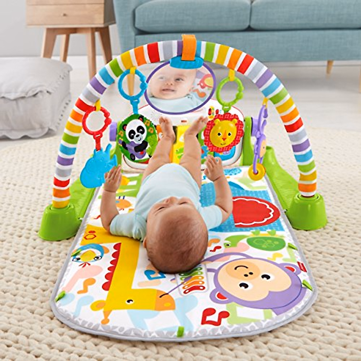 Fisher-Price Baby Playmat Deluxe Kick & Play Piano Gym & Maracas With Smart Stages Learning Content, 5 Linkable Toys & 2 Soft Rattles [Amazon Exclusive]