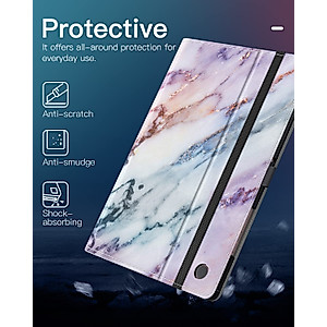 MoKo Case for Samsung Galaxy Tab A8 10.5 Inch 2022 (SM-X200/X205/X207) with Flexible Hand Strap & Pocket, Multi-Angle Viewing Stand Lightweight Protective Cover, Auto Sleep/Wake, Purple Marble