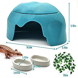 Hamiledyi Reptile Hide Box Leopard Gecko Hideout Cave with Sink Humidifier Lizards Hideaway Hut Flexible Leaves Pet Habitat Decor for Snakes Leopard Spiders Turtles Amphibians