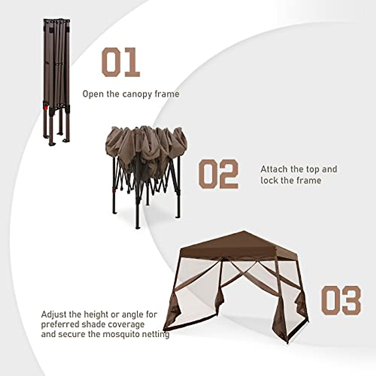EAGLE PEAK 10x10 Slant Leg Easy Setup Pop Up Canopy Tent with Mosquito Netting 64 sqft of Shade, Brown
