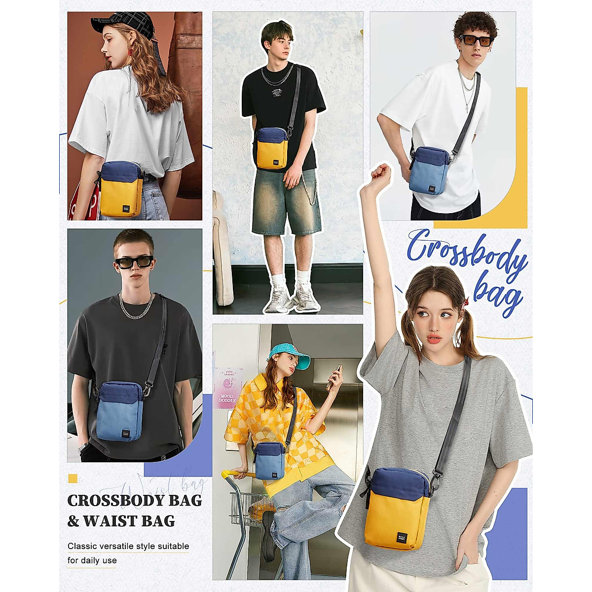 SEAFEW Yellow Crossbody Bag Small Shoulder Bag for Men Travel Wallet Passport Holder with Headphone Position, Mini Satchel for Daily Use