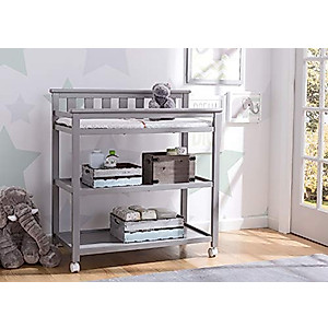 Delta Children Flat Top Changing Table with Casters, Grey and Waterproof Baby and Infant Diaper Changing Pad, Beautyrest Platinum, White