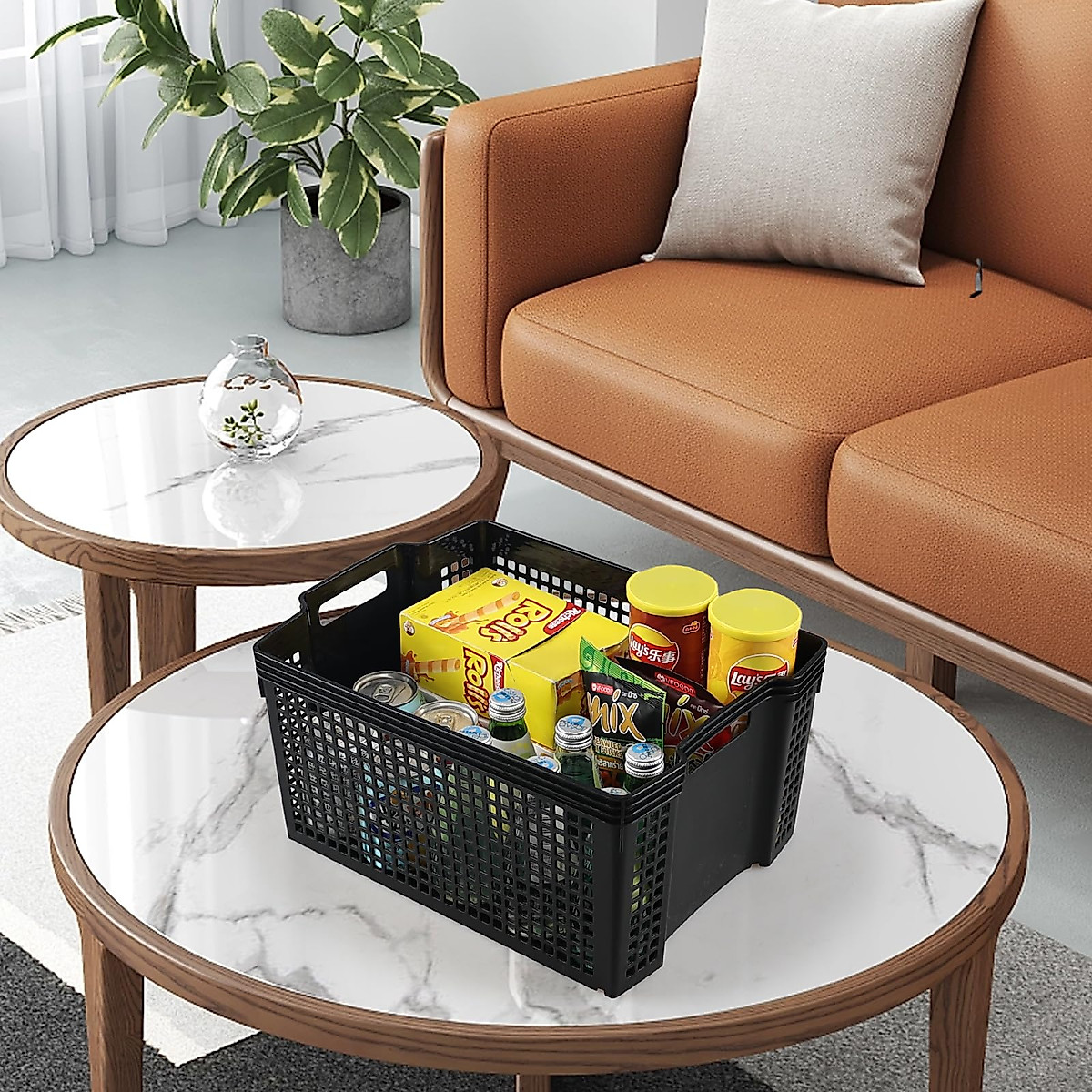 Zerdyne 6-Pack Large Plastic Stackable Storage Baskets, Rectangle Plastic Stacking Bin, Black