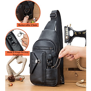 BULLCAPTAIN Genuine Leather Sling Bag for Men Crossbody with Cellphone Stand Chain Chest Shoulder Backpack Daypack XB-520 (Black)