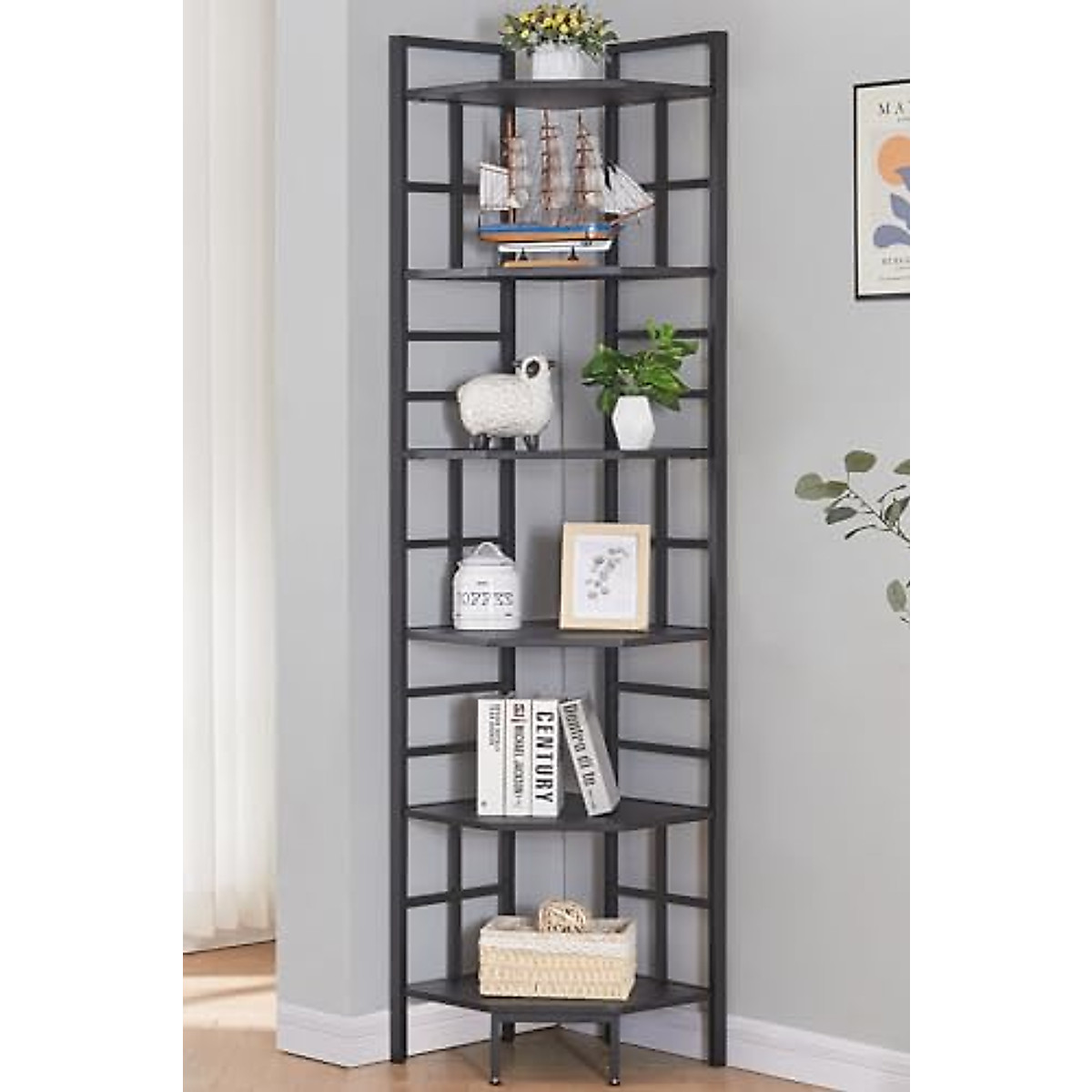 HOMISSUE 6 Tier Industrial Corner Shelf Unit, 76.9” Tall Corner Bookcase Storage Display Organizer Storage Stand for Home Office, Black