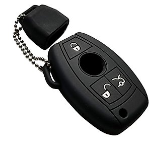 Xotic Tech Black Soft Silicone Key Fob Shell Cover Case w/ Keychain, Compatible with Mercedes Benz C E R S M GLK CLA CLK GLS W164 W204 W205 S204 S205 W212 W221 3-Button Smart Keyless Entry Key