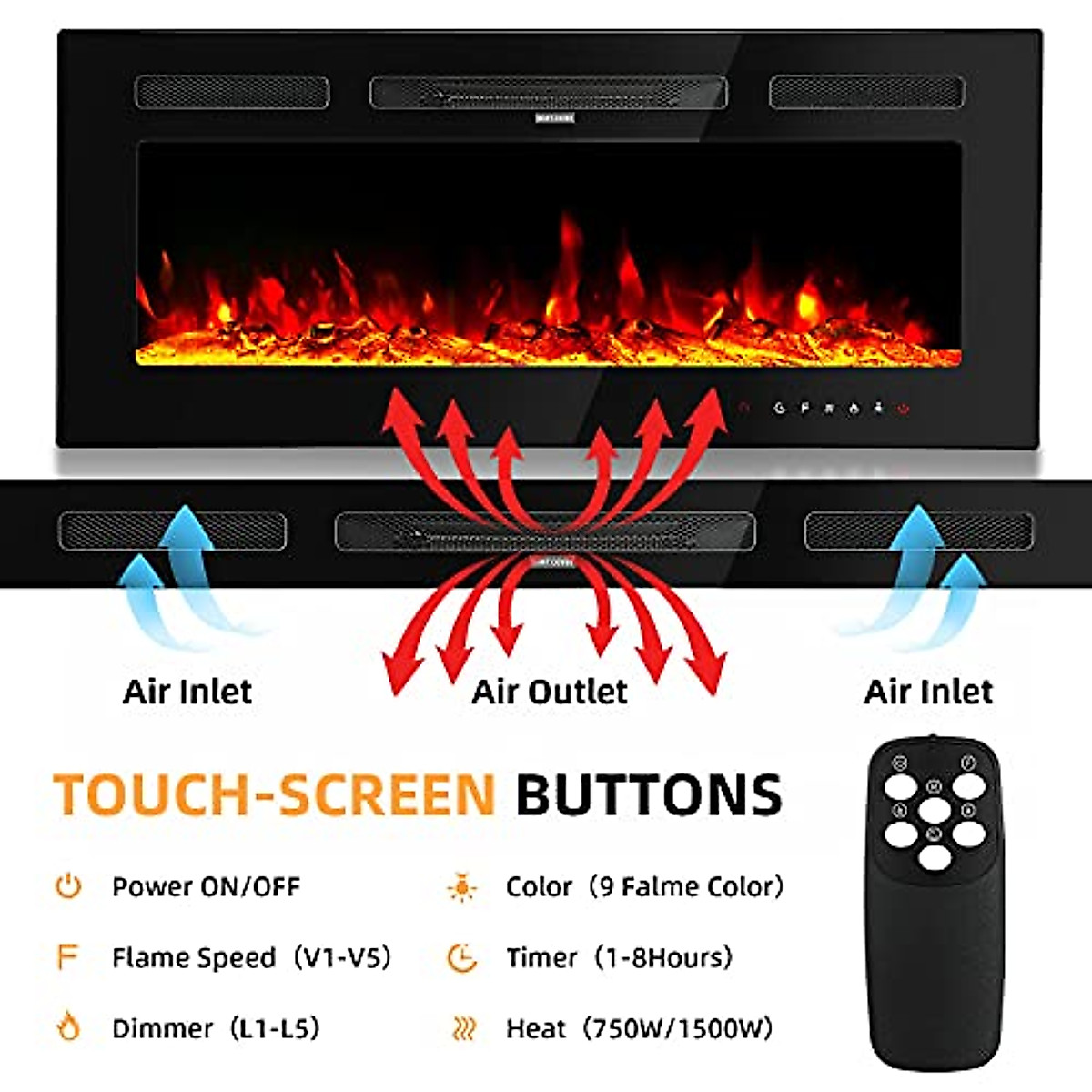 SANHSEHOME 60 Inch Electric Fireplace Inserts Wall Fireplace Electric with Remote Control Electric Fireplace Wall Mounted Recessed with Fake Log & Crystal 1-8h Timer 750W/1500W, 9 Flame Colors 5.7" W
