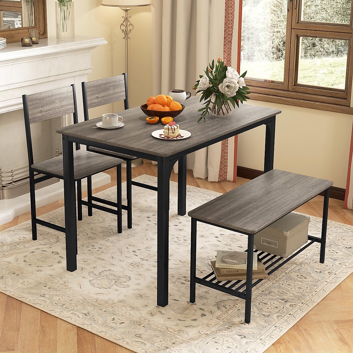 Tangkula Dining Table Set for 4, Kitchen Table and 2 Chairs for 4 with Bench, 4 Piece Dining Table Set for Small Space, Apartment