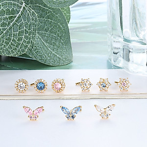 Drperfect 9PCS Nose Ring Stud for Women 20G Stainless Steel L-Shape Nose Rings CZ Butterfly Snowflake Nose Studs Assorted Nose Piercing Jewelry (Gold Tone)