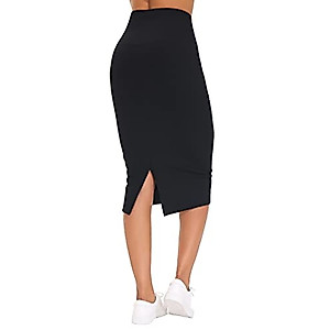 THE GYM PEOPLE Women's High Waist Tummy Control Pencil Skirts Stretchy Bodycon Midi Skirt Below Knee with Back Slit Black