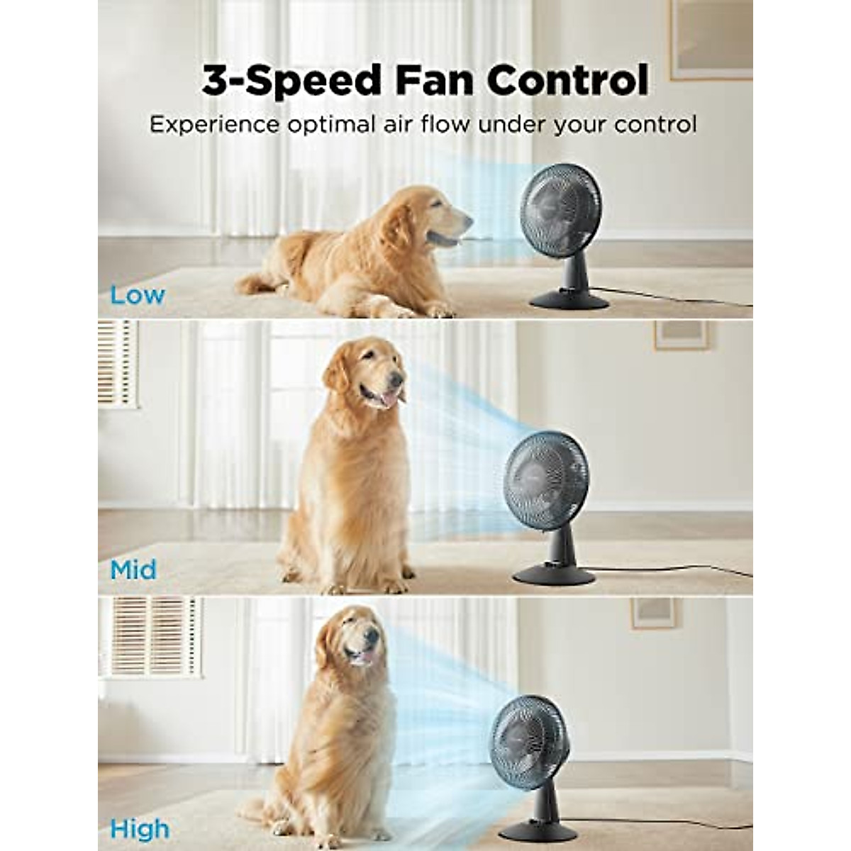 PELONIS Table Fan 12-Inch Oscillating Table Fan Small Portable Electric Plug-In Desk Fan 3-Speeds Adjustable Tilt Head for Bedroom and Office Black