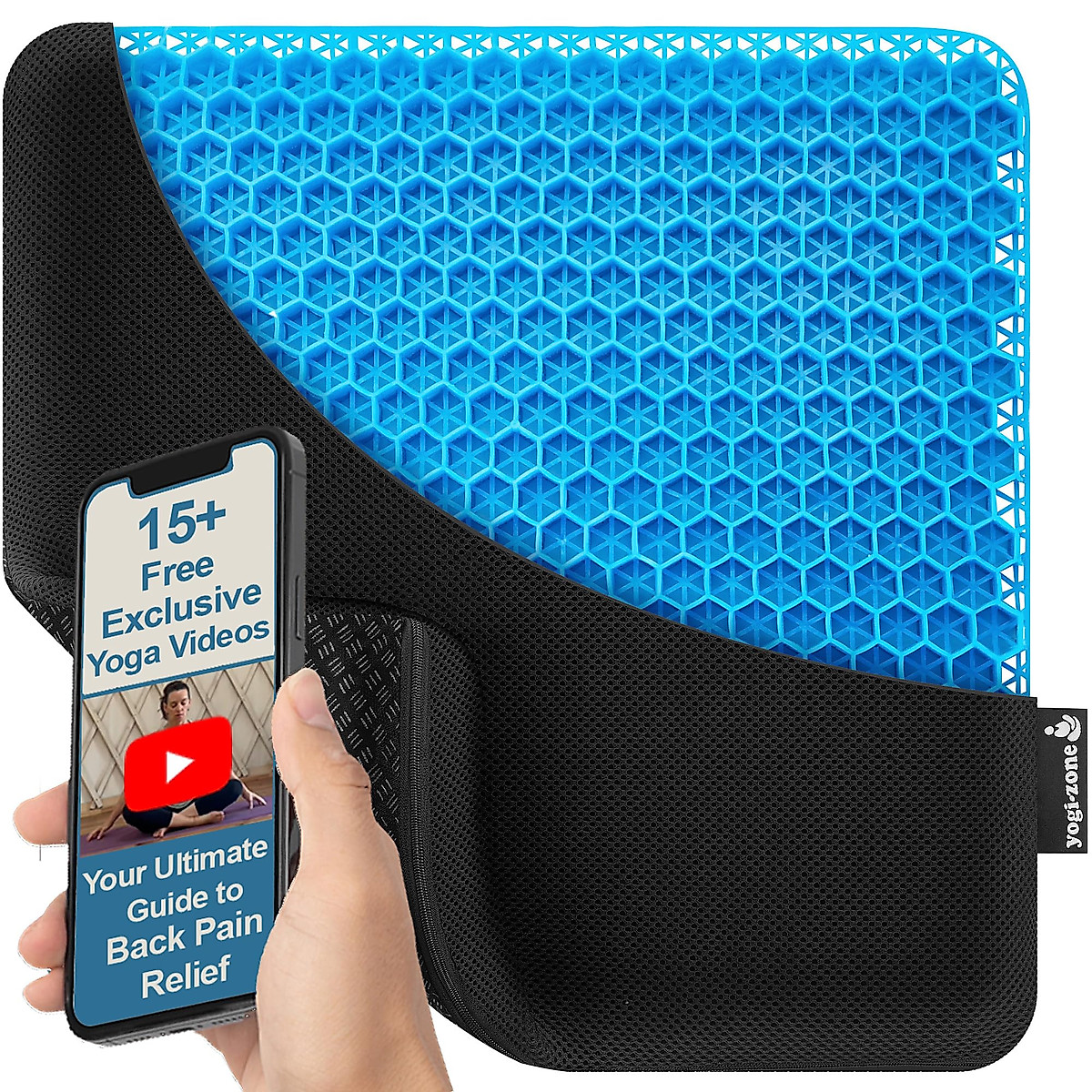 YOGI-ZONE Gel Seat Cushion for Long Sitting – 16.5x16.5x1.6 in. Honeycomb Seat Cushion for Back Pain Relief with Yoga Videos – TPE Cushion with Nonslip Breathable Cover for Office Chair & Car Seat