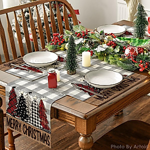 Artoid Mode Buffalo Plaid Xmas Trees Merry Christmas Placemats Set of 4, 12x18 Inch Seasonal Winter Table Mats for Party Kitchen Dining Decoration