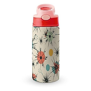 Stainless Steel Water Bottles Atomic Stars Retro Pattern Travel Water Cups with Handle And Silicone Straw Drinking Cup with Leak Proof Lid Thermo Travel Mug for Women Men