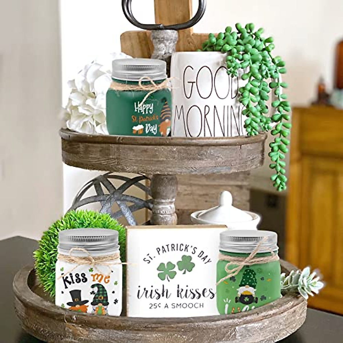 St. Patrick’s Day Gnome Mini Mason Jar St. Patrick’s Day Tiered Tray Decor Spring Gnome Table Decor for Kitchen Irish Decor Island Sign Shamrock Pattern Set of 3 St. Patrick Gift Idea 2.4”*3.1”