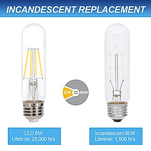 Simba Lighting LED T10 Tubular Edison Filament Light Bulbs (3 Pack) 6W Dimmable 60W Equivalent 120V for Cabinet Display, Piano Lamps, Clear Glass Decorative, Standard E26 Base, Natural White 4000K