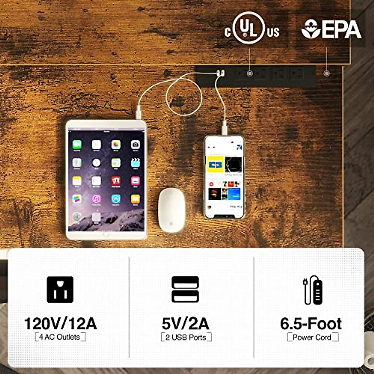 Rolanstar Computer Desk with Power Outlet and Monitor Stand Shelf, 55” Home Office PC Desk with Keyboard Tray and USB Ports Charging Station, Desktop Table,Stable Metal Frame Workstation, Rustic Brown