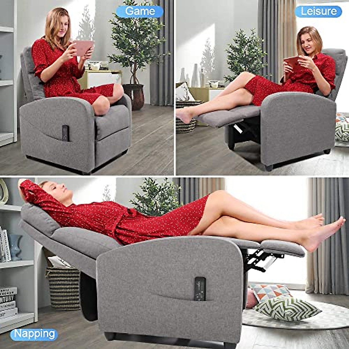 Fabric Massage Recliner Chair Living Room Chair Adjustable Home Theater Seating Winback Single Recliner Sofa Chair Lazy Boy Recliner Padded Seat Push Back Recliners Full Body Armchair for Living Room