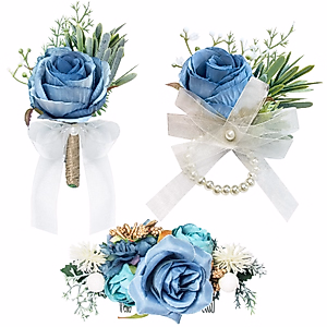 Footfox Blue Rose Corsage and Boutonniere Set with Bridal Hair Comb, Corsages for Wedding