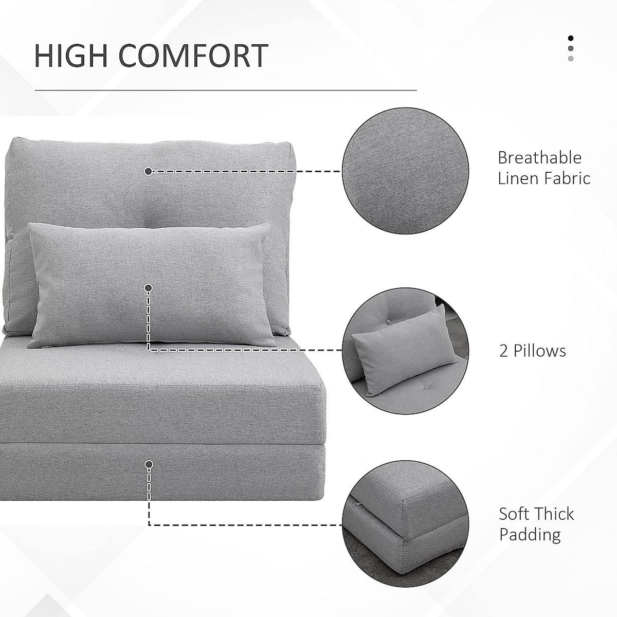 HOMCOM Convertible Flip Chair, Floor Lazy Sofa, Folding Upholstered Couch Bed with Adjustable Backrest, Metal Frame and Pillows for Living Room Bedroom, Light Grey
