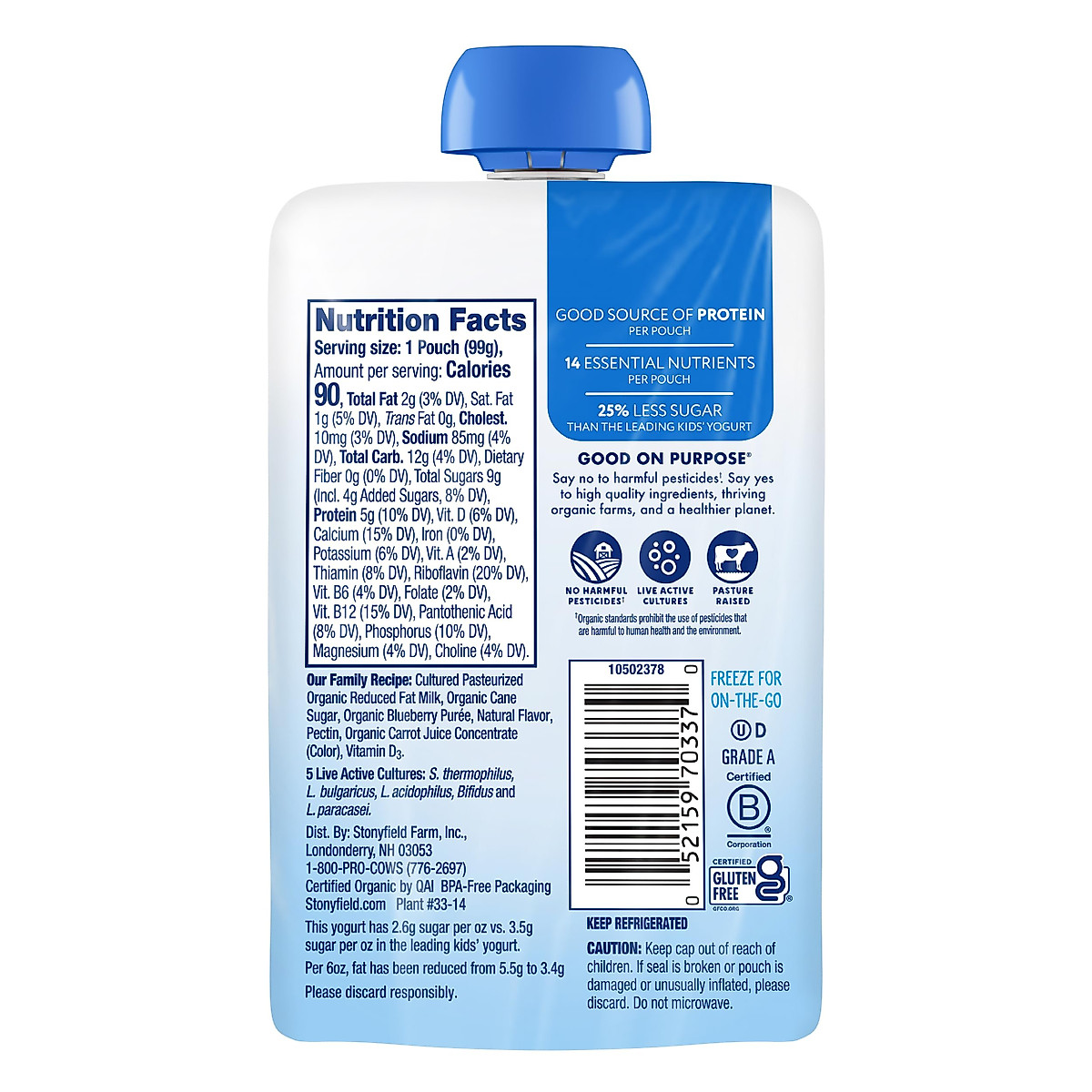 Stonyfield Organic Kids Blueberry Lowfat Yogurt, 3.5 oz. Pouch, Single Serve – Includes Live Active Cultures
