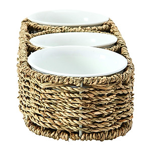 Creative Co-Op Hand-Woven Seagrass Basket with 6 oz. Ceramic Bowls, Set of 4 Tray, Natural, 4