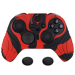 PlayVital Samurai Edition Anti Slip Silicone Case Cover for Xbox Elite Wireless Controller Series 2, Ergonomic Soft Rubber Skin Protector for Xbox Elite Series 2 with Thumb Grip Caps - Red & Black
