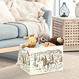 Western Desert Cowboy Storage Basket 16.5x12.6x11.8 In Collapsible Fabric Storage Cubes Organizer Large Storage Bin with Lids and Handles for Shelves Bedroom Closet Office
