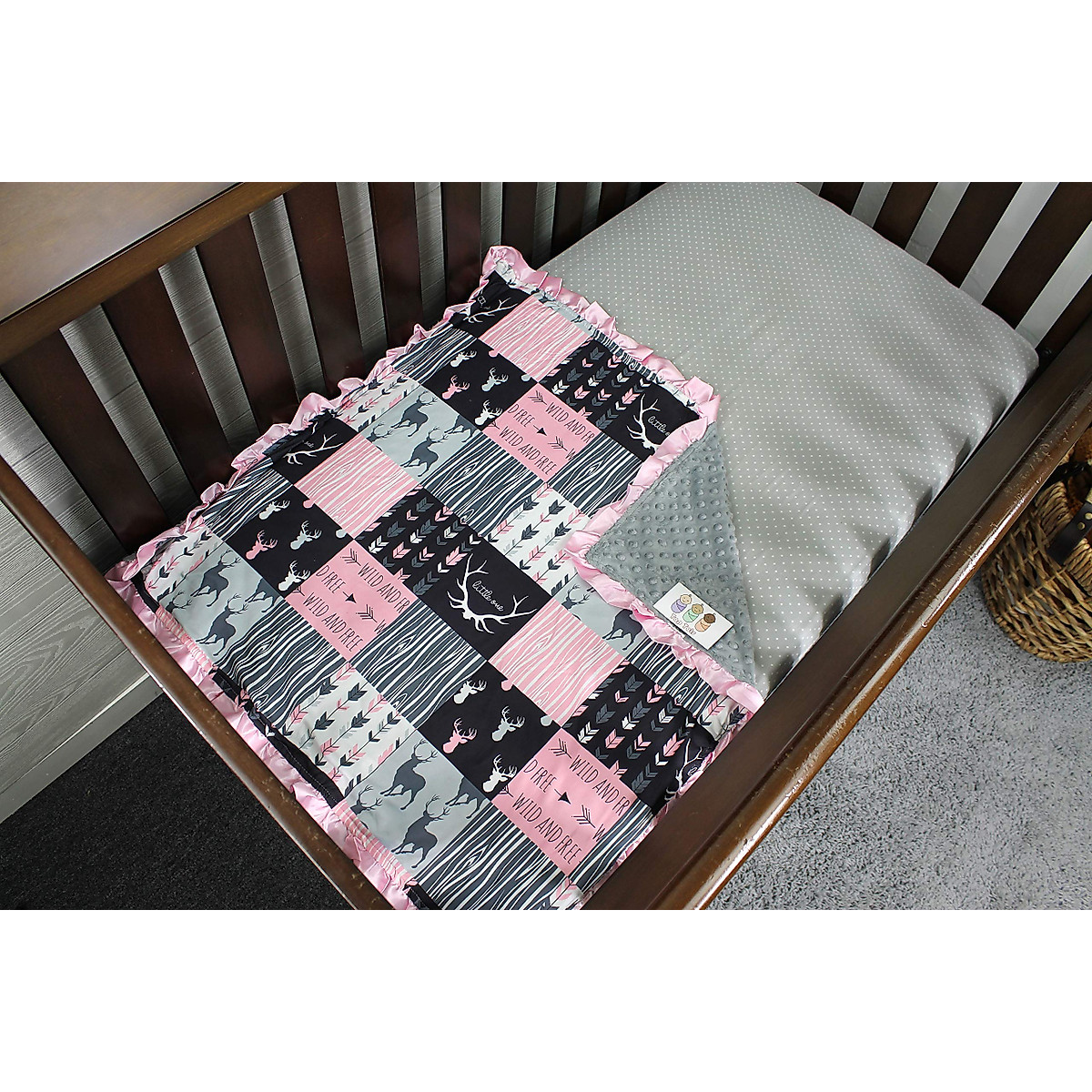 Baby Blanket - Minky, Deer, Arrows and Antlers, Pink with Gray and Black, with Pink Ruffles