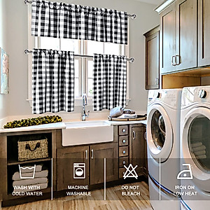 Hiasan 3 Piece Semi Sheer Black Kitchen Curtains Light Filtering Buffalo Checkered Tier and Valance Window Curtains Set