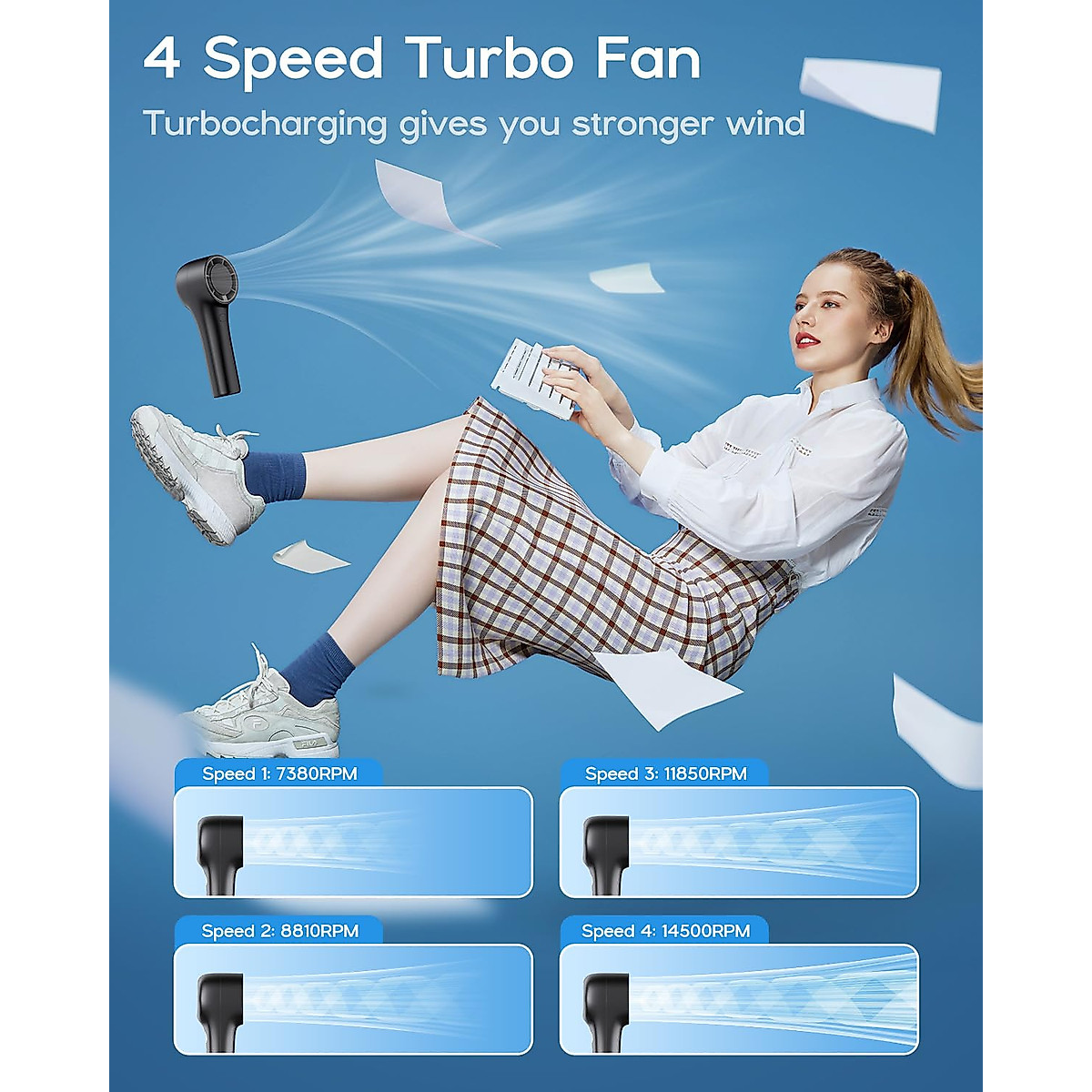 EasyAcc® AI Turbo Fan 3000mAh Upgraded Max 14500RPM Strong Airflow 12H Cooling Time Rechargeable Personal Battery Operated Mini Small Pocket Hand Fan with 4 Speeds for Travel/Outdoor/Office - Black