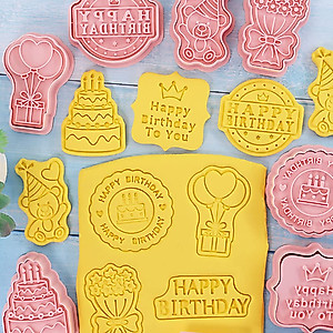 16 Pcs Dog Cookie Cutters 3D Cat Puppy Biscuit Cutter Funny Cartoon Dinosaur Cookie Stamps Embossed Fondant Baking Tool Sugar Craft Cute Cookie Baking Supplies (Happy Birthday)