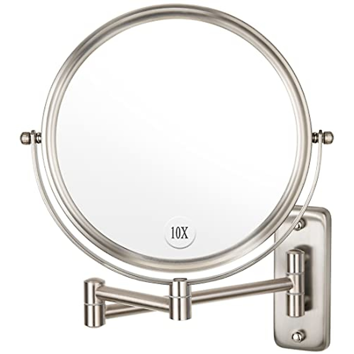 ALHAKIN Wall Mounted Makeup Mirror - 10x Magnification 8'' Two-Sided Swivel Extendable Bathroom Mirror Nickel Finish