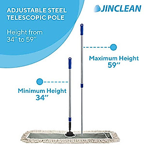 JINCLEAN 36" Industrial Class Cotton Floor Dust Mop with 2 Pack of Refills | Dry to Attract Dirt, dust, Laminated Hardwood Floor, Garage epoxy, Tile, Bamboo Telescopic Pole Height Max 59"