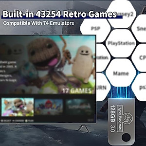 128G Flash Drive Retro Game Console with Built-in 43,254 Classic Games, Batocera 37 Game System, Emulator Console for PS1/PSP/PS2/Sega/MAME/3DO, USB 3.0 Hard Drive for Windows 8.1/10/11/Inter Mac